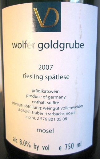 Daniel Vollenweider "Wolfer Goldgrube" Riesling Spätlese 2007